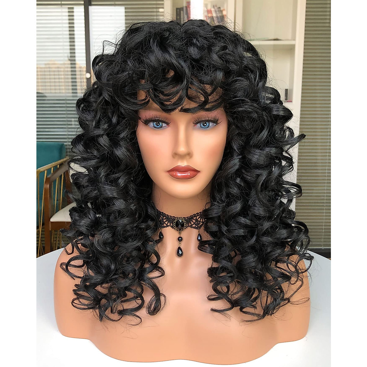 Annivia Curly Wig with Bangs for Black Women Black Kinky Long Curly Wig Synthetic Hair Daily Use Cosplay 17 Inch