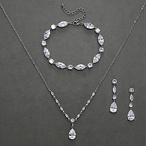 SWEETV Bridal Jewelry Set for Wedding, Cubic Zirconia Necklace Dangle Drop Earrings Bracelet Set, Teardrop Marquise Brides Bridesmaids Wedding Prom Anniversary Jewelry Gifts for Women