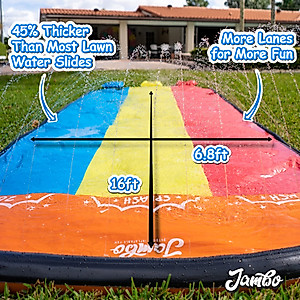 JAMBO 16Ft Premium 3 Lane Slip Splash and Slide with Bodyboards, Heavy Duty Water Slide- Advanced 3-Way Sprinkler System, Splash Mat Splash Pad Backyard Waterslide Outdoor Water Toys n Slides for Kids