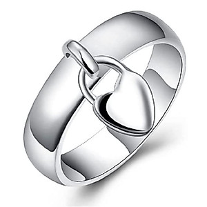 Awmnjtmgpw 925 Sterling Silver heart-shaped hanging heart lock Classic women's ring ring general fashion ring size 6-10 (Size 10)