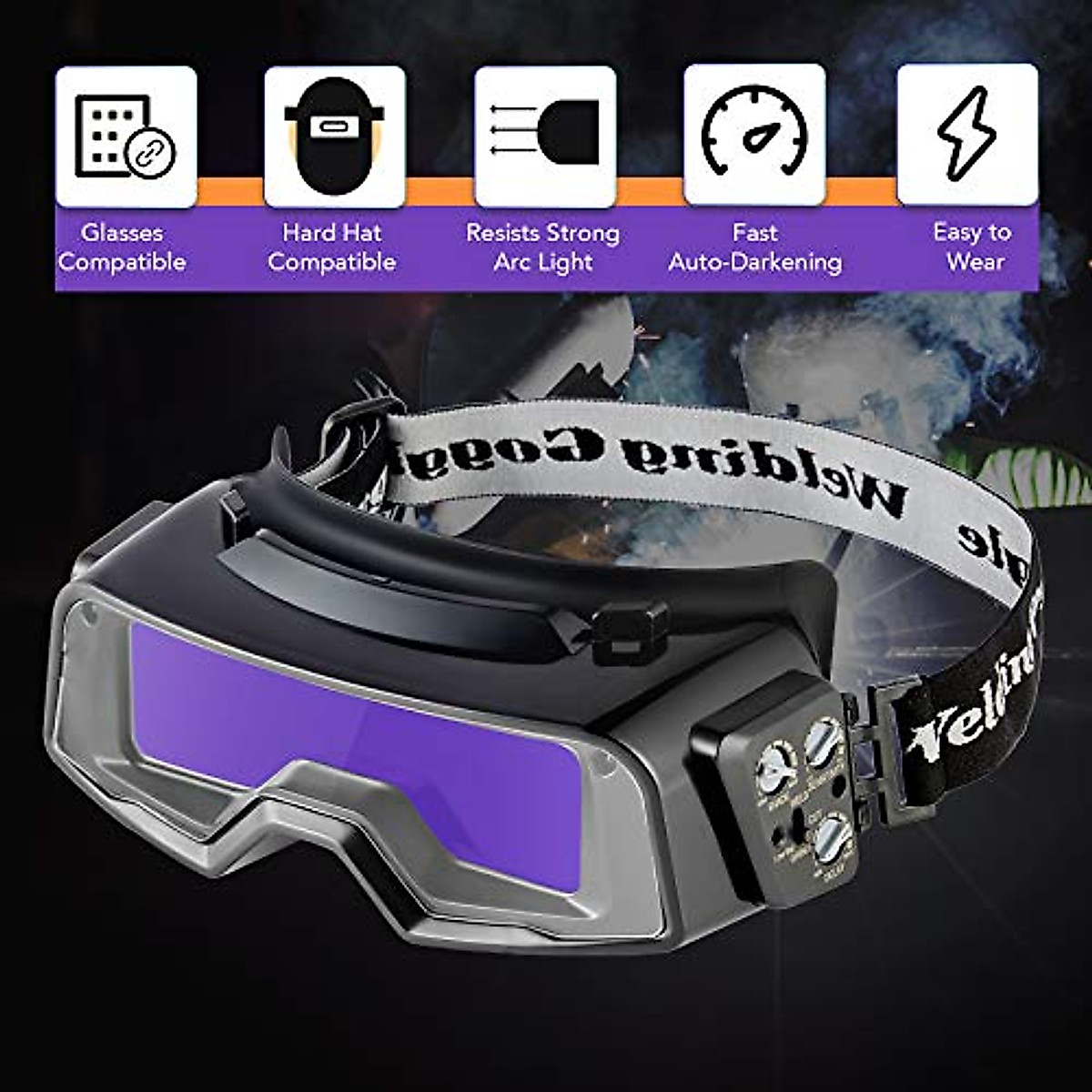 CREWORKS Welding Goggles Auto Darkening, Welding Safety Glasses for Men with Wide Shade 4/5-9/9-13, Eye Protection Safety Goggles Face Shield Helmet for Grinding Plasma Cutting TIG MIG Arc, Black