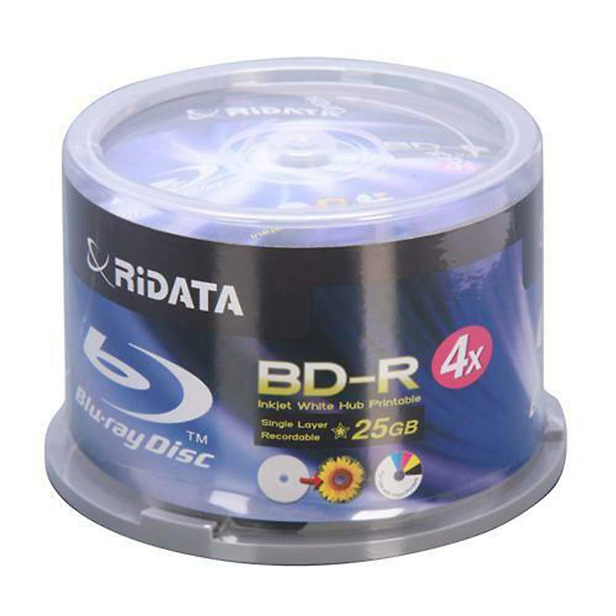 Ridata Ritek Blu-Ray (BD-R) White Inkjet Hub Printable 4X BD-R Media 25GB 50 Pack in Cake Box (BDR-254-RDIWN-CB50)