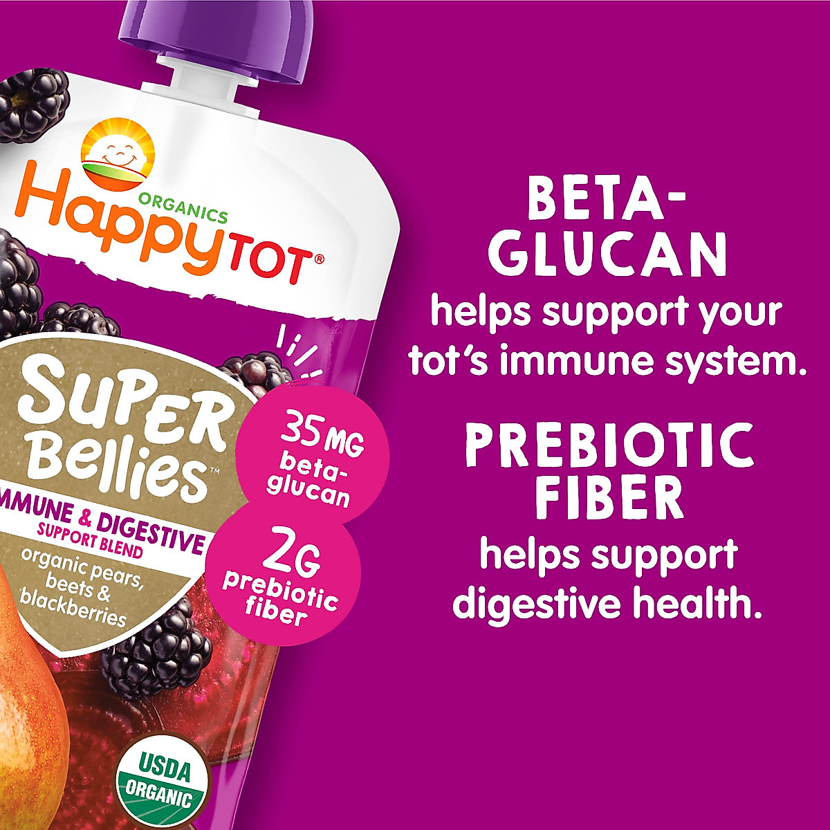 Happy Tot Organics Stage 4 Baby Food Pouches, Gluten Free, Vegan Snack, Super Bellies, Fruit & Veggie Puree, Pears, Beets & Blackberries 4 Ounce (Pack of 16)