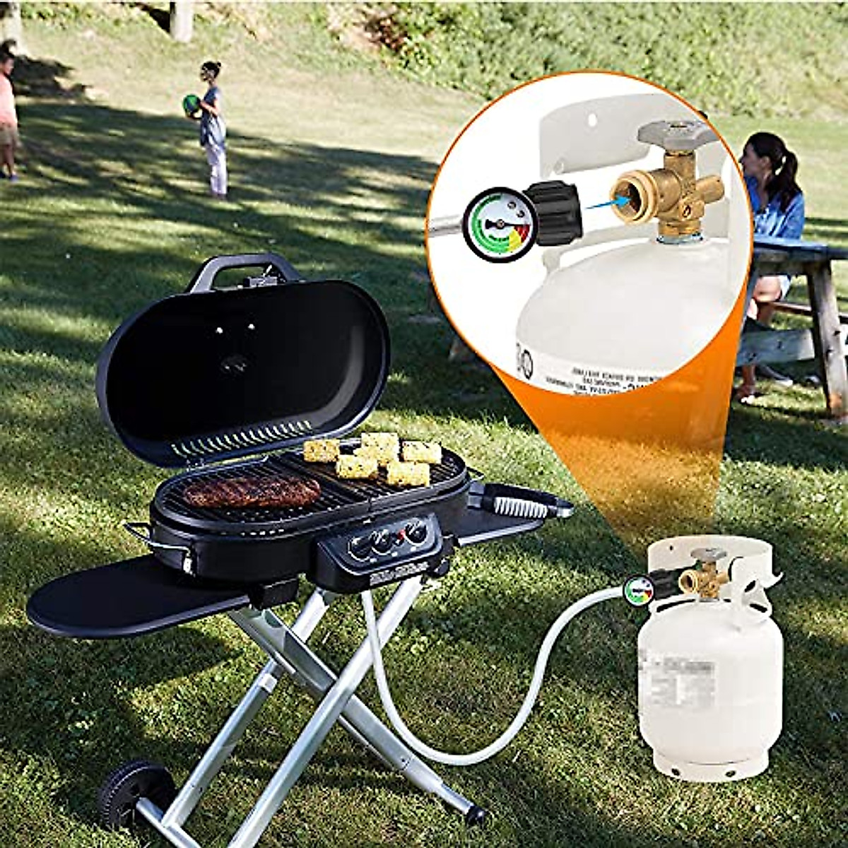 MOFLAME 1 lb to 20 lb Propane Adapter Hose With Gauge，6 FT Stainless Braided Propane Hose Adapter Converter for Coleman Camp Stove, Buddy Heater, Tabletop Grill & More 1lb Portable Appliance