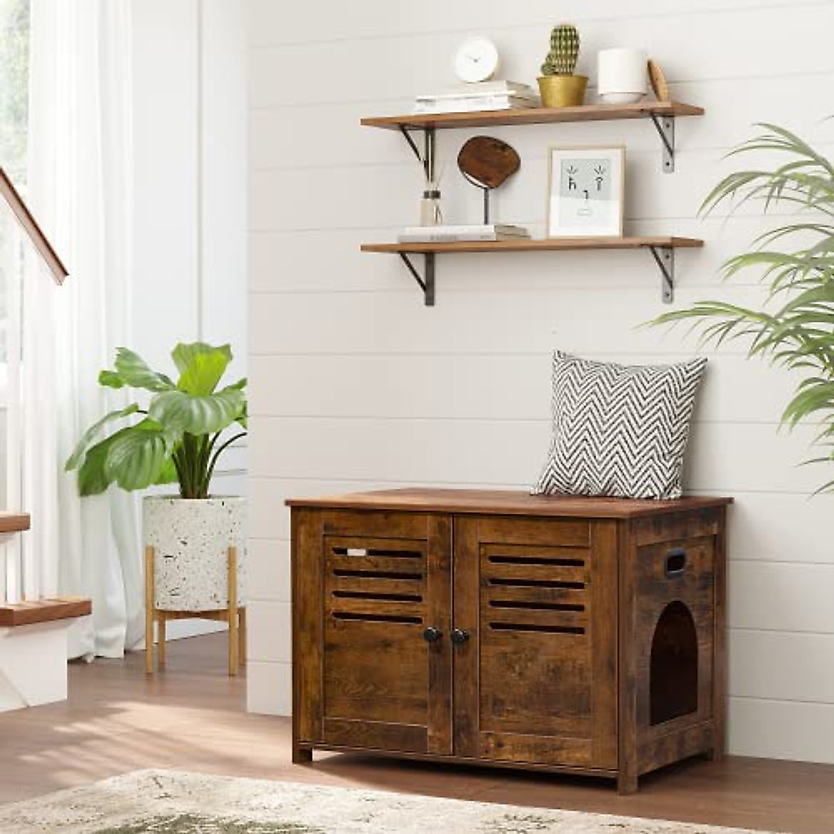 DINZI LVJ Wall Shelves, 23.6 x 7.9 x 6.0 Inch Floating Shelves for Wall, Set of 2, Easy-to-Install Wall Storage Ledges with Sturdy Metal Brackets for Living Room, Bathroom, Kitchen, Rustic Brown