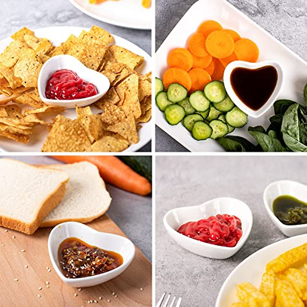 Delling Mini Dipping Bowls Set Soy Sauce Dish/Bowls, Heart Shaped Dip Bowls, Small Ceramic Bowls for Ketchup, Condiments, Chips Dip Sets, Best Choice for BBQ and Other Party Dinner - 2Oz, Set of 6