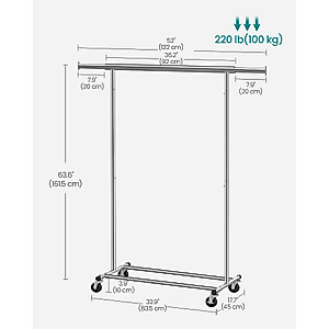 SONGMICS Clothes Rack with Wheels, Heavy-Duty Clothing Rack for Hanging Clothes, Portable Garment Rack, with Extendable Hanging Rail, 220 lb Load Capacity, Silver UHSR13SV1