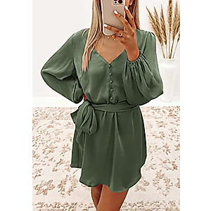 PRETTYGARDEN Women's Spring Long Puff Sleeve Satin Dress V Neck Cocktail Party Belted Short Formal Dresses (Army Green,Medium)