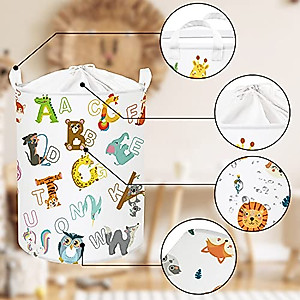 Clastyle 45L Cute Animal Alphabets Collapsible Laundry Hamper Waterproof Owl Elephant Kids Laundry Basket with Drawstring for Bedroom, 14.2 * 17.7 in