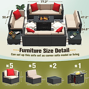 Greesum Patio Furniture 13-Pieces Outdoor PE Rattan Sectional Sofa w/43in Gas Fire Pit Table Sets 55000 BTU Add Warmth to Gatherings Parties On Deck Garden Backyard, Beige