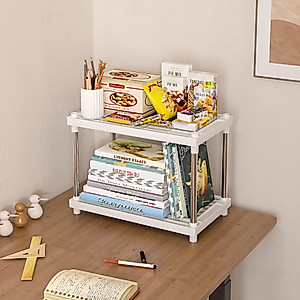 LEAIJIAFY 2 Tier White Plastic Bathroom Organizer Countertop Storage Shelf,Counter Under Sink Standing Shelf Vanity Organizer for Kitchen,Makeup Organizer for Bathroom Cabinet,13MM Metal Tubes