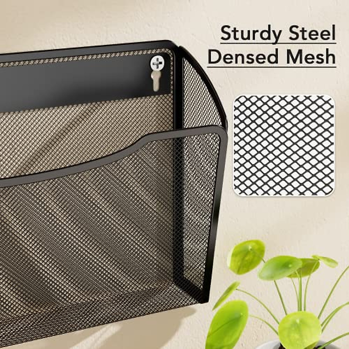 MaxGear Mesh File Holder Wall Organizer 3 Pockets Hanging File Organizers Wall Mounted Paper Organizer Holders Wall Bins for Office and Home, Black