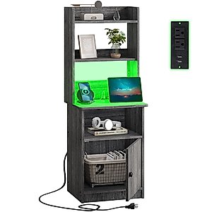Clikuutory 47" Tall Nightstand with Charging Station & LED Lights, Large Nightstand with Adjustable Bookshelf, Modern Bedside Table with Storage Cabinet for Bedroom, Home Office, Grey