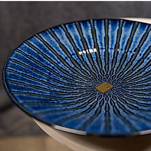 Ebros Gift Made In Japan Radiant Solar Flair Reduction Technique Pottery Glazed Ceramic Shallow Bowls Pack Of 2 Japanese Bowl Set 24oz 11.5"Dia Zen Asian Fine Dining Dinnerware Deep Plates (Blue)