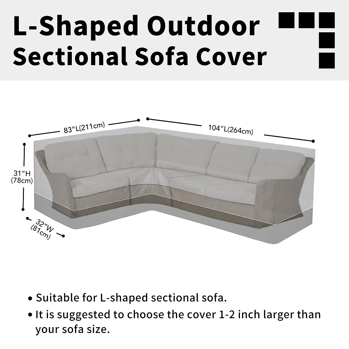 Easy-Going Outdoor L-Shaped Sectional Sofa Cover 83"X104" UV Resistant Patio Sectional Couch Cover Waterproof Lawn Patio Furniture Cover (Left Facing, Gray/Dark Gray)