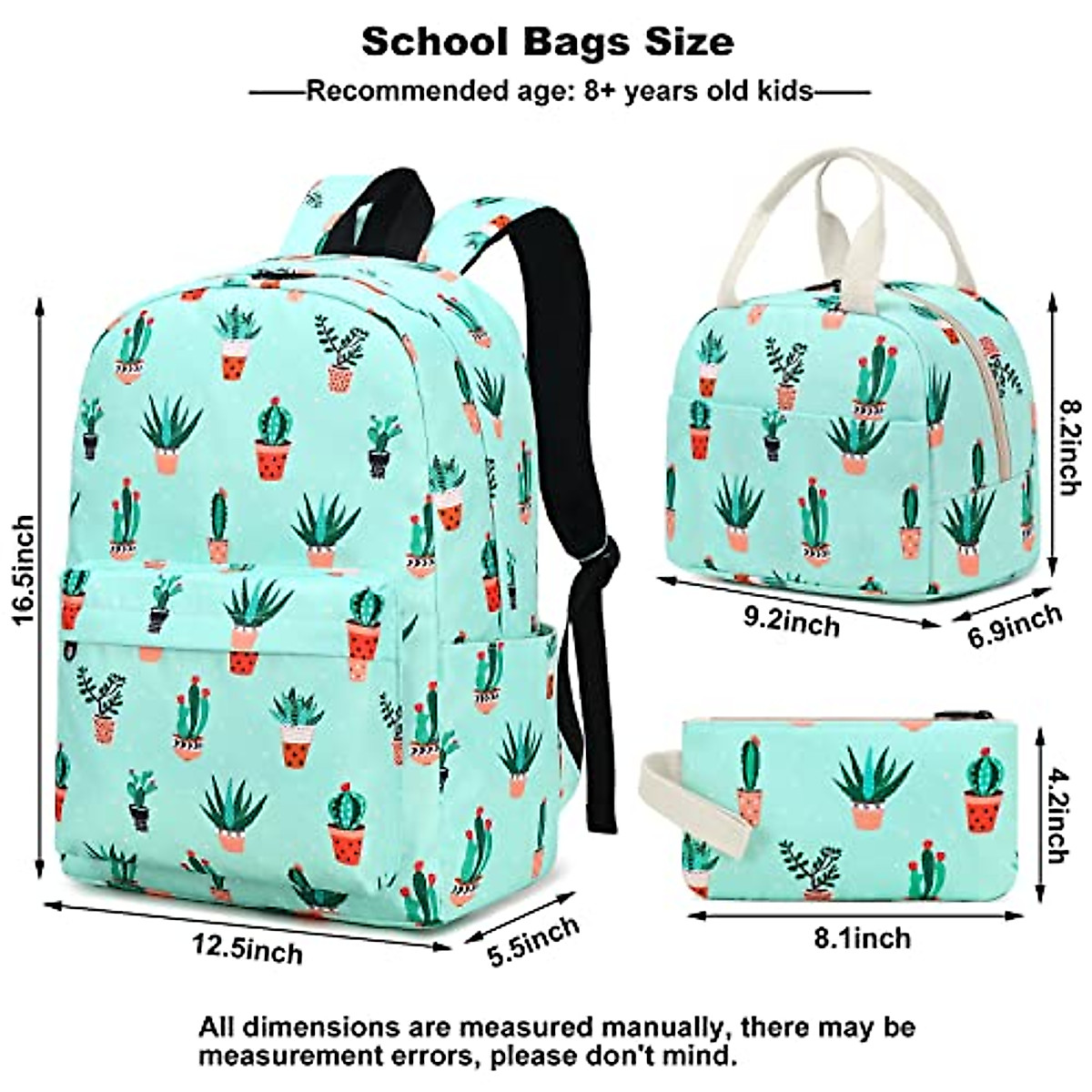 Esfoxes Cactus School Backpack for Girls, Kids Teens School Bags Bookbags Set with Lunch Bag Pencil Bag