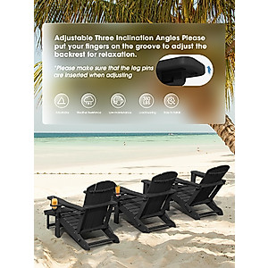 KINGYES Folding Adjustable Adirondack Chair with Retractable Ottoman Set of 4, HDPE All Weather Chair with Cup Holder - Versatile Adirondack Chair, Black