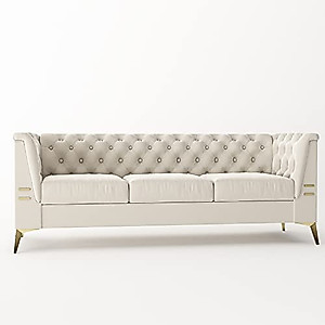 kevinplus Velvet Chesterfield Sofa Couch for Living Room, Modern Tufted 3-Seat Upholstered Sofa Couch for Apartment Bedroom Dorm Office Studio, Gold Metal Legs, Beige