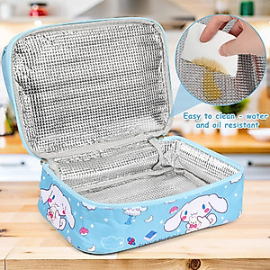 Cute Lunch Bag with Stickers - Cartoon Foldable Double Lunch Bag Large Compartment Lunch Tote Bags Insulated lunch box Bag for Work Travel School