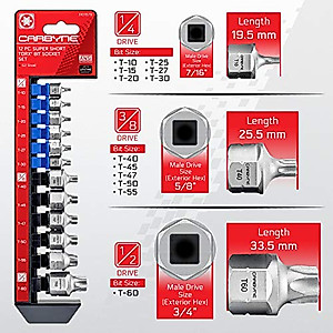 CARBYNE Super Short Low Profile Torx Bit Socket Set - 12 Pieces | T-10 to T-60 Sizes, Internal Square Drive & External Hex Drive • From a Family-Run Tool Company Based in the U.S.A.