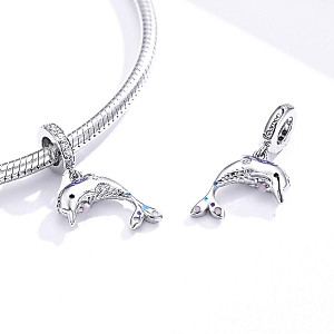 925 Sterling Silver Dolphin Charm Crocodile Charm Unicorn Charm Dog Charm Squirrel Charm Giraffe Charm Rabbit Charm Flamingo Charm for Pandora Charm Bracelet (Dolphin)