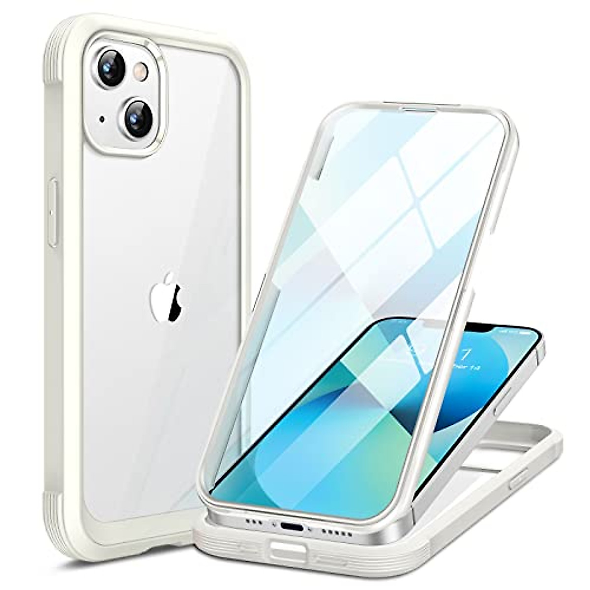 Miracase Glass iPhone 13 Case 6.1 inch, 2023 Upgrade Full-Body Clear Bumper Case with Built-in 9H Tempered Glass Screen Protector for iPhone 13,Rice White