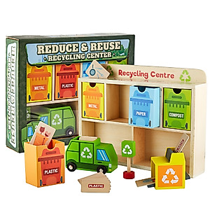 Reduce & Reuse Recycling Center Playset | Wooden Green Garbage Truck Toy, Sorting Bins, and Accessories | Safe, Natural Materials For Environmental Learning, Fine Motor Skills, and Play | 24 Pieces