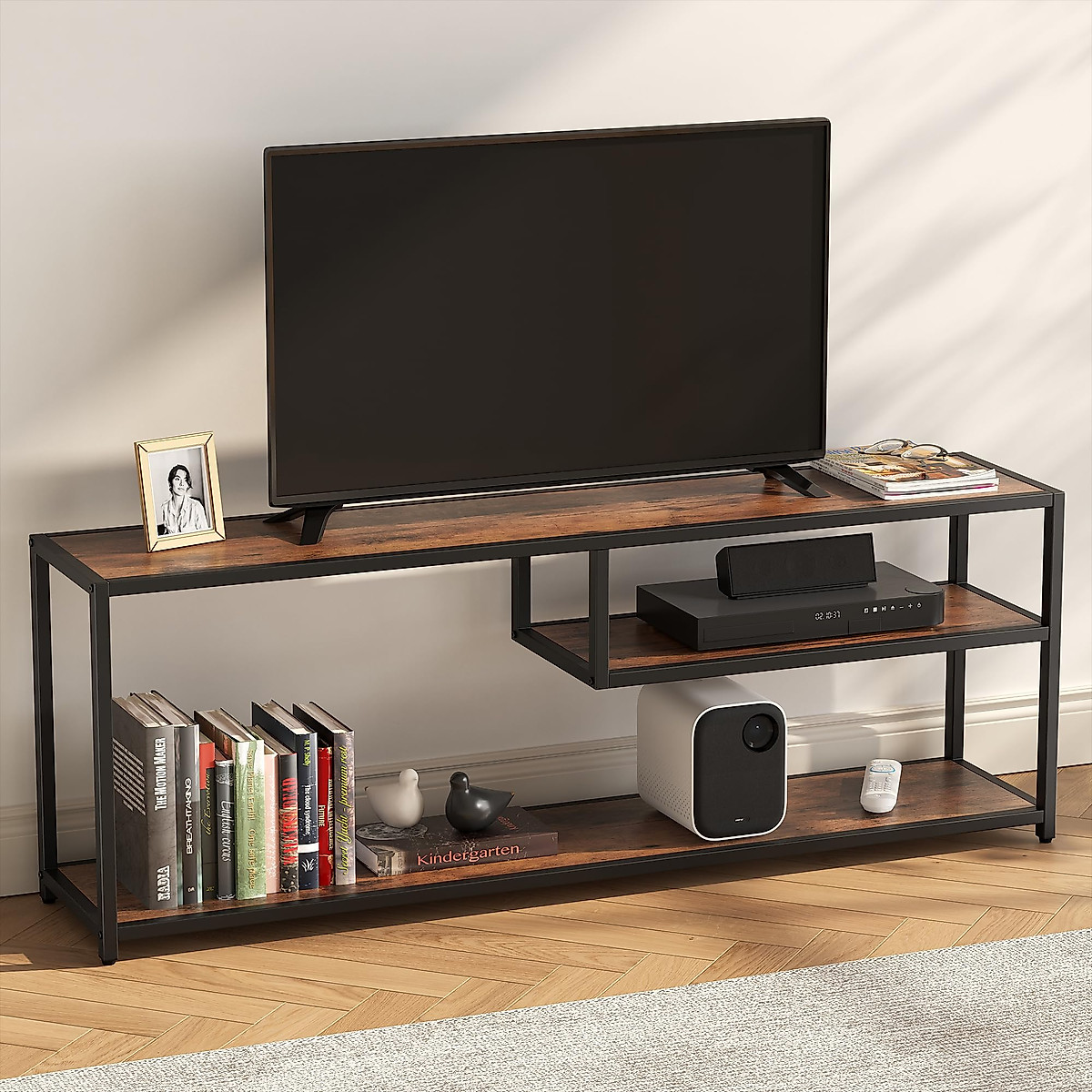 TECHMILLY Modern TV Stand for 65" TV, TV Table with Storage Shelves, Entertainment Center with Metal Frame, TV Console Table for Living Room, Bedroom, Rustic Brown