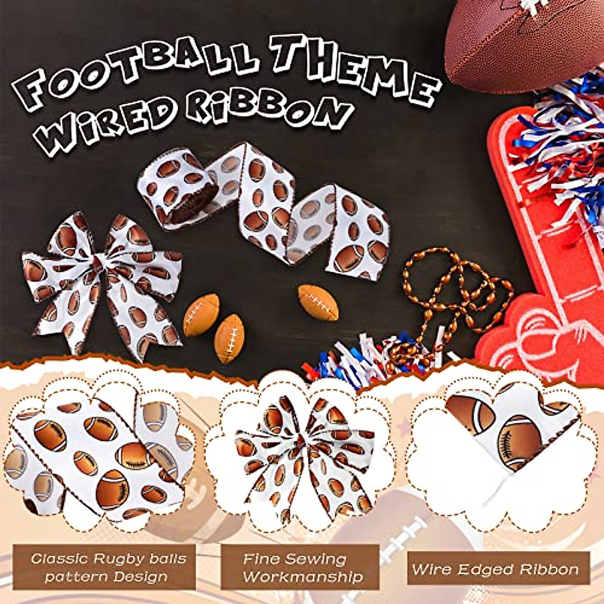 Football Wired Ribbon 2 Rolls 20 Yards Football Printed Wired Ribbon 2 Inches Wide Football Ribbon Football Wired Edge Ribbon for DIY Crafts Wreath Bow Package Wrapping Supplies, White Brown Black