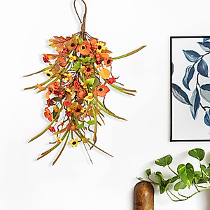 FXforer 25Inch Artificial Sunflower Pumpkin Fall Swag,Simulation Autumn Teardrop Floral Swag,Farmhouse Hanging Front Door Decorative Swag for Garden Home Wall Festival Decoration