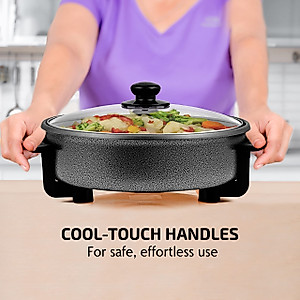 OVENTE Electric Skillet and Frying Pan, 12 Inch Round Cooker with Nonstick Coating, 1400W Power, Adjustable Temperature Control, Tempered Glass Lid with Vent and Cool Touch Handles, Black SK11112B