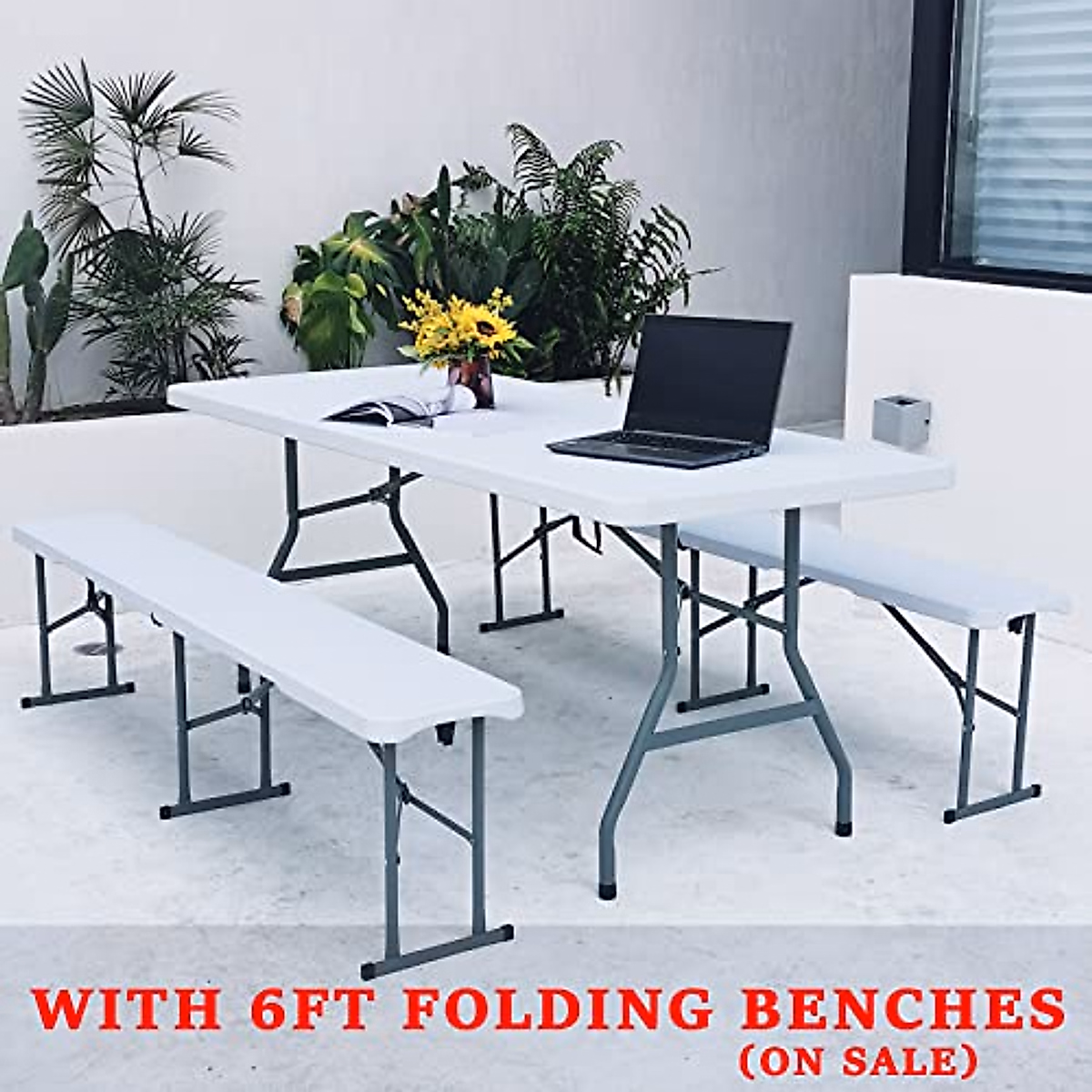 deaciber 6ft Folding Table 71 inch Plastic Fold in Half w/Handle Heavy Duty Portable Indoor Outdoor for Garden Party Picnic Camping BBQ Dining Kitchen Wedding Market Events