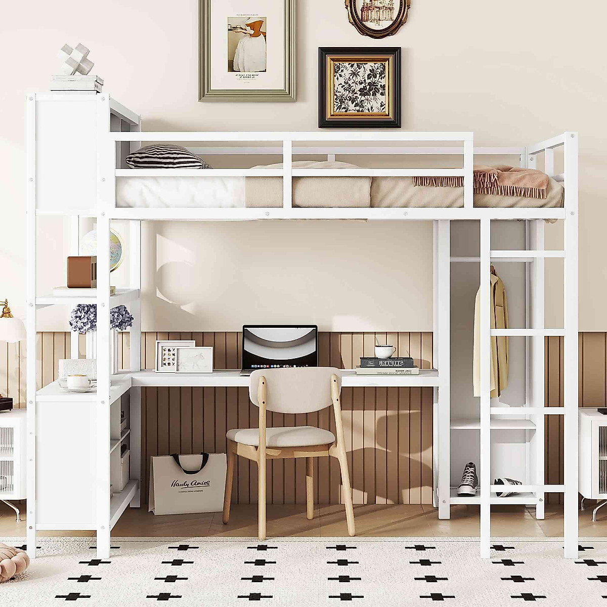 ATY Full Size Loft Bed with Storage Cabinets and Shelves, Sturdy Metal Bedframe w/Wardrobe & Built-in Desk, Save Space Design, for Kids Bedroom, Dorm, White