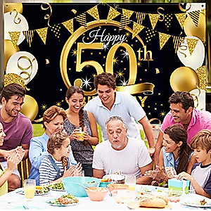 Birthday Party Decoration Extra Large Fabric Black Gold Sign Poster for Anniversary Photo Booth Backdrop Background Banner, Birthday Party Supplies, 72.8 x 43.3 Inch (50th)
