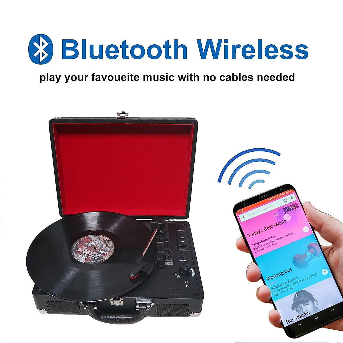 Vinyl Record Player 3 Speed Turntable with Bluetooth, USB/SD Play&Recording, Built in Battery, Line Out, AUX in, Earphone Jack, Replacement Needle