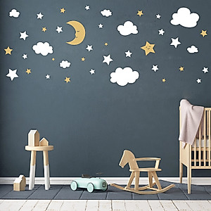 Crescent Moon Stars and Clouds Wall Decals Moon and Stars Nursery Wall Stickers Starry Sky Playroom Decor Kids Rooms Mural Kids Room Wall Art Y59 (White,Gold)