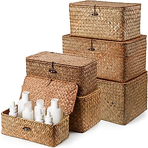 Kigley 6 Pcs Thanksgiving Seagrass Basket with Lid Wicker Storage Basket Decorative Storage Boxes with Lids Bin Woven Organizer Basket for Shelf Closet Bedroom,6 Sizes(Classic Style,Dark Brown)