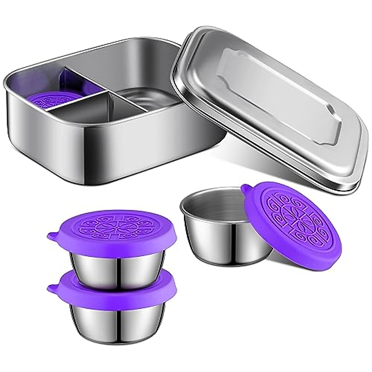 Suttmin 4 Pcs Stainless Steel Bento Box Set, Lunch Containers 3 Sections Portion Control Containers 3 Pcs Mini Stackable Condiment Containers for Lunch Box (Purple,6.5 x 4.92 x 2.44 Inch)