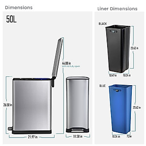 Home Zone Living 13 Gallon Kitchen Trash Can, Dual Compartment Recycle Combo, Slim Body Stainless Steel Design, 50 Liter Total Capacity