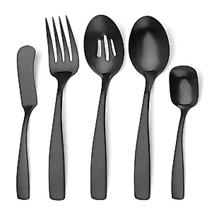 Bysta Serving Utensils Set, Matte Black 5-Piece Hostess Set, Stainless Steel Silverware Flatware Cutlery Serving Set, Satin Finish, Dishwasher Safe
