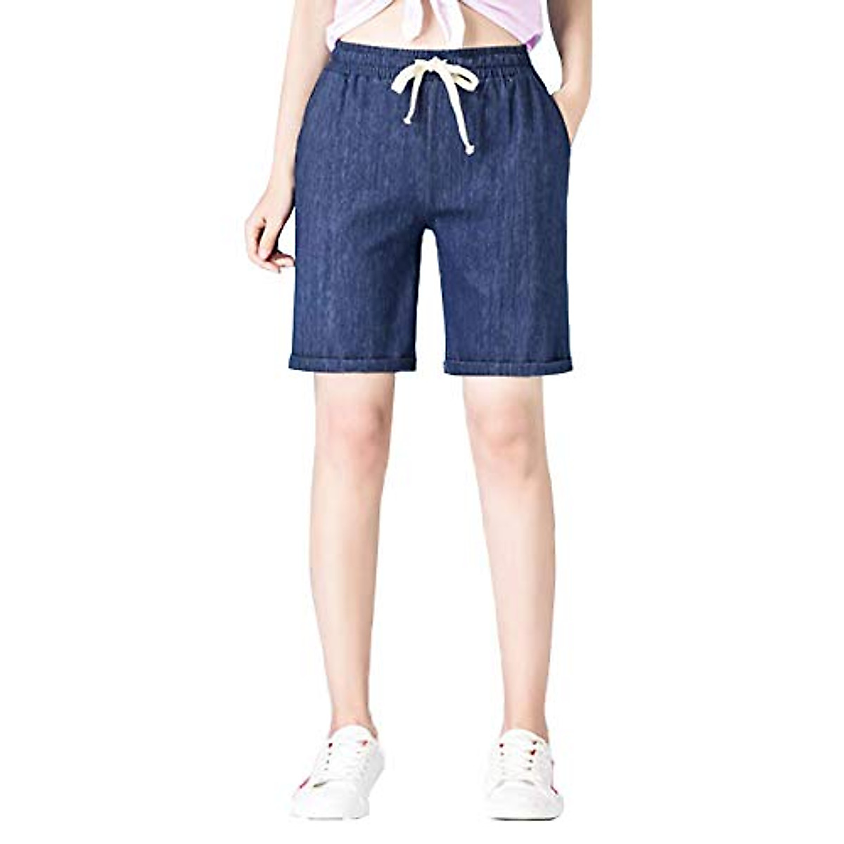 Vcansion Women's Casual Cotton Elastic Waist Knee Length Loose Comfy Beach Shorts with Drawstring Khaki US 4-6/Asian XL