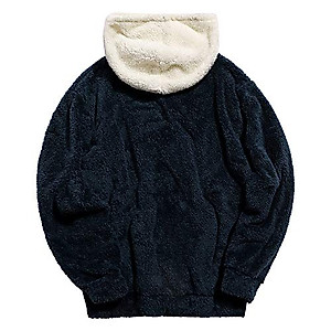 ZAFUL Color Blocking Fuzzy Hoodie Unisex Men Sherpa Pullover Loose Fluffy Sweatshirt Cadetblue-a XL