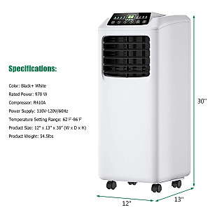 COSTWAY 8000 BTU Portable Air Conditioner, 3-in-1 Air Cooler w/Built-in Dehumidifier, Fan Mode, Sleep Mode, Remote Control& LED Display, Rooms Up to 230+ Sq. ft, for Home Office (White and Black)