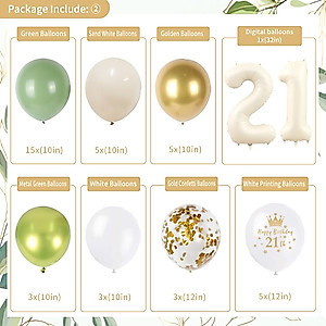 GYESXYW 21st Birthday Decorations, Sage Green Gold 21st Birthday Decorations for Her, Including Happy Birthday Banner, 21st Birthday Sash, Crown, Cake Topper, Balloons Set for Birthday Party Supplies