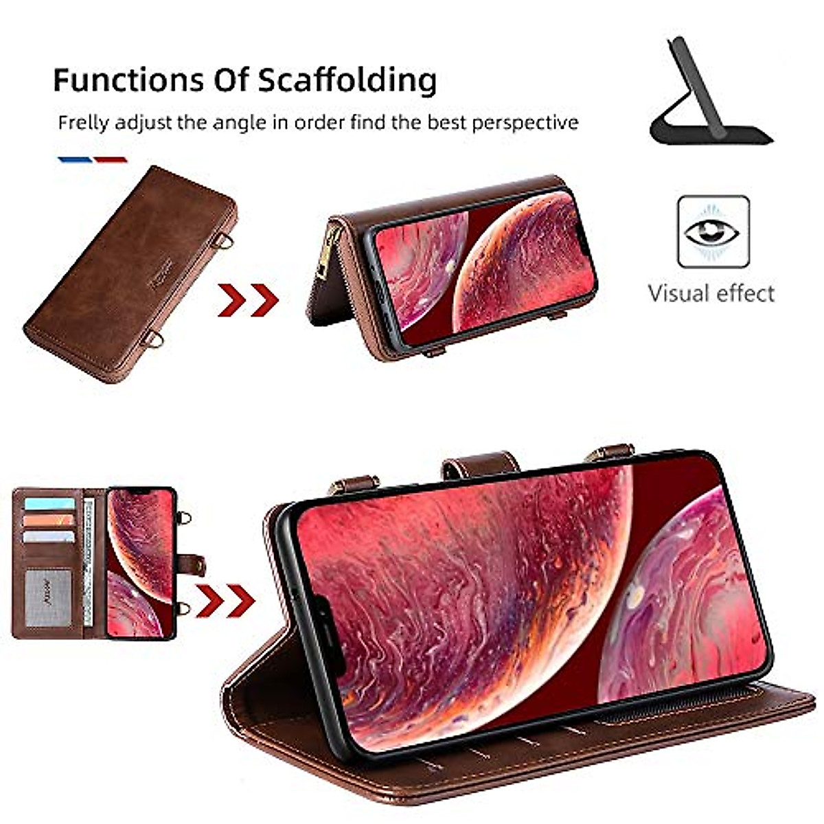 QIXIU for iPhone 12 Pro Max Wallet Case, Multi-Function Wallet Case, Detachable 3 in 1 Magnetic iPhone 12 Pro Max Case Wallet, Flip Strap Zipper Card Holder Phone Case with Shoulder Straps(Brown)