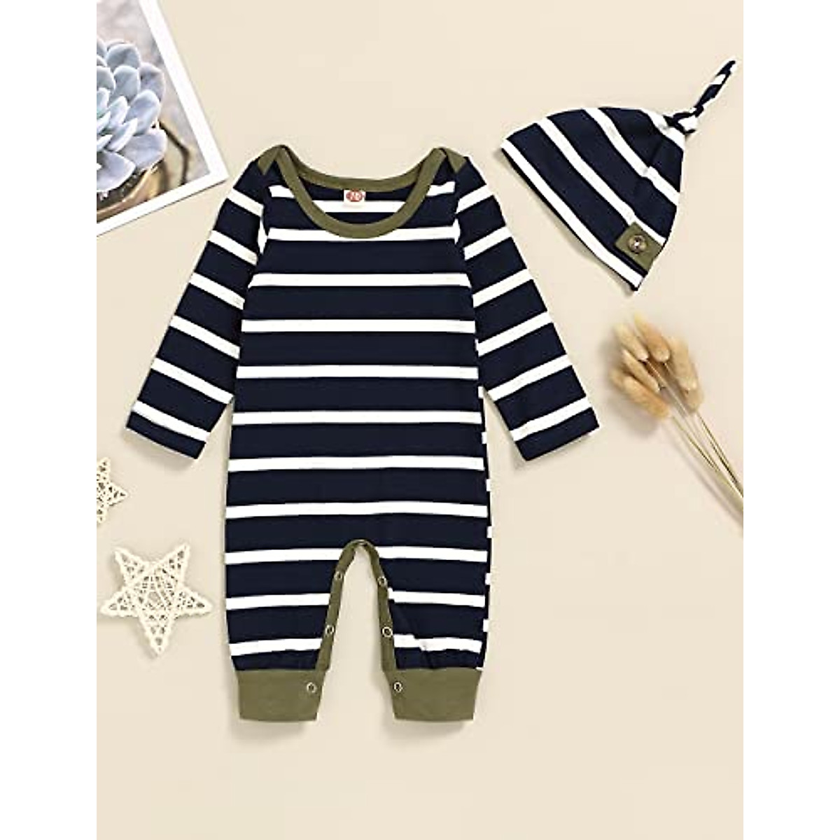 Infant Newborn Baby Boy Clothes Stripe Cotton Romper Long Sleeve Jumpsuit Hat Baby Boys Fall Winter Outfit