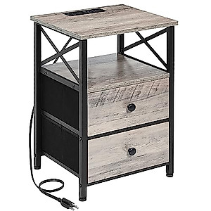 AMHANCIBLE End Table Living Room with Charging Station, Nightstand with Drawer, Small Side Table with USB Ports and Outlets for Small Spaces Bedroom, Greige HET05XGY1