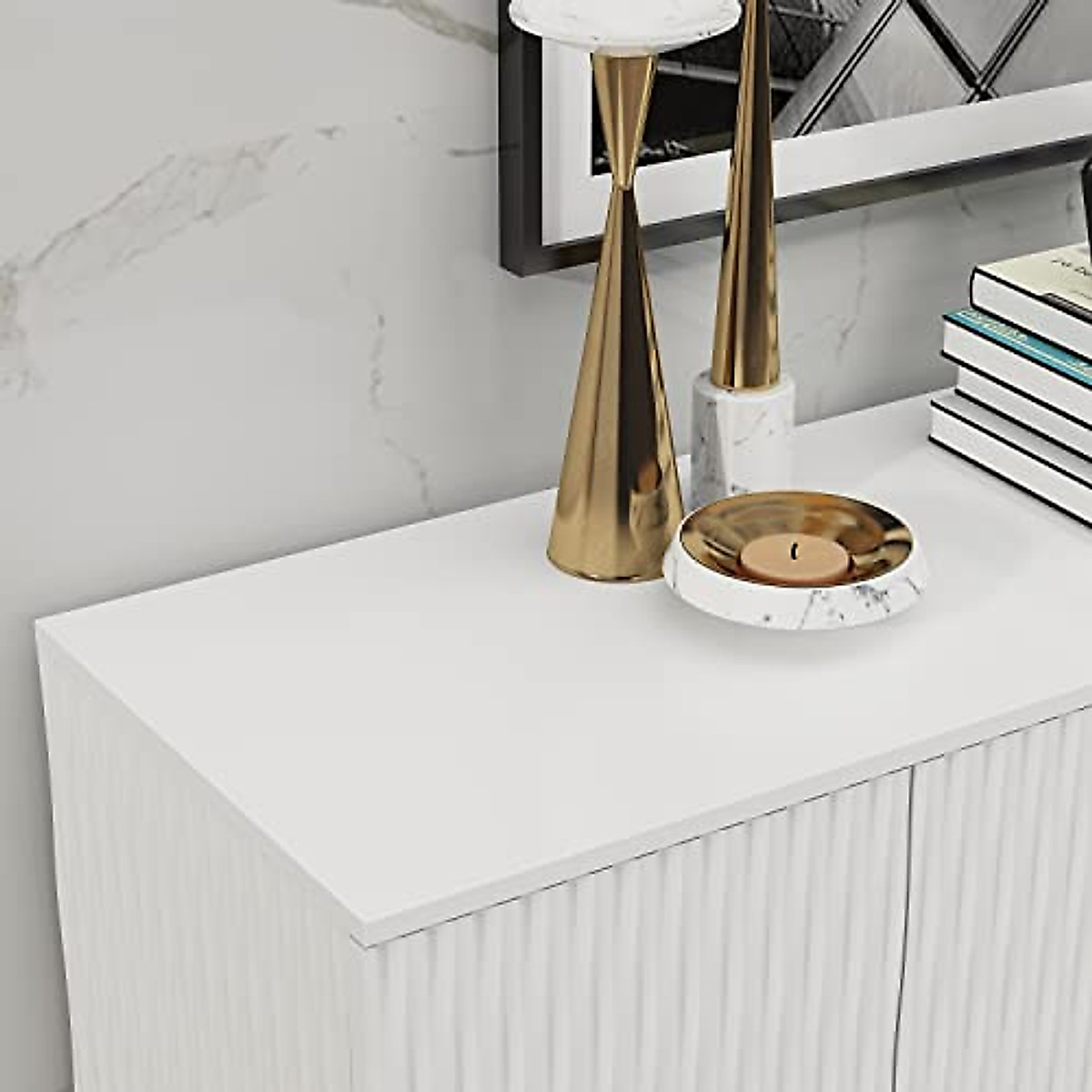 AIEGLE White Sideboard Cabinet, Modern 4 Pop-Out Doors Kitchen Buffet Storage Cabinet Console Tables, Entryway Cupboard Furniture with Adjustable Shelves & Metal Legs for Living Room