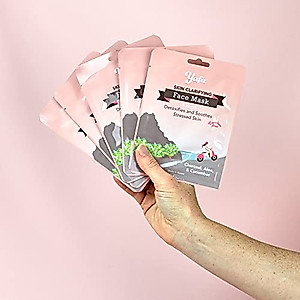 yafa Clarifying Face Sheet Masks with Charcoal, Aloe, Cucumber, Soothing and Detoxifying Korean Skincare for Acne Prone or Stressed Skin, Natural Facial Mask Beauty Treatment, Set of 5