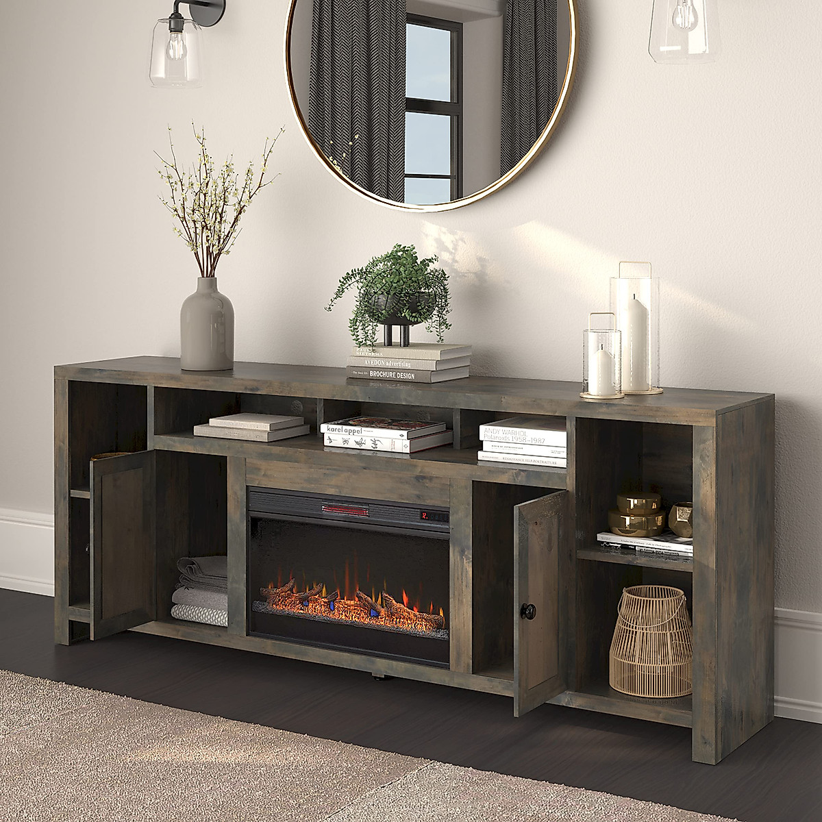 Bridgevine Home Rustic Joshua Creek Fireplace TV Stand Entertainment Center, Accommodates TVs up to 95 Inches, Fully Assembled Knotty Alder Solid Wood, 84 Inches, Barnwood Finish
